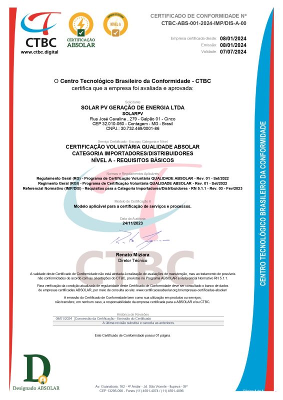 Solar PV - Certificado ABSOLAR